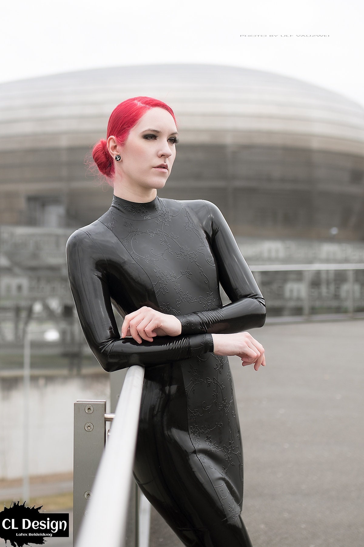 CL Design Latex Ladies Dress With Sleeves and Structured Latex Flower ...