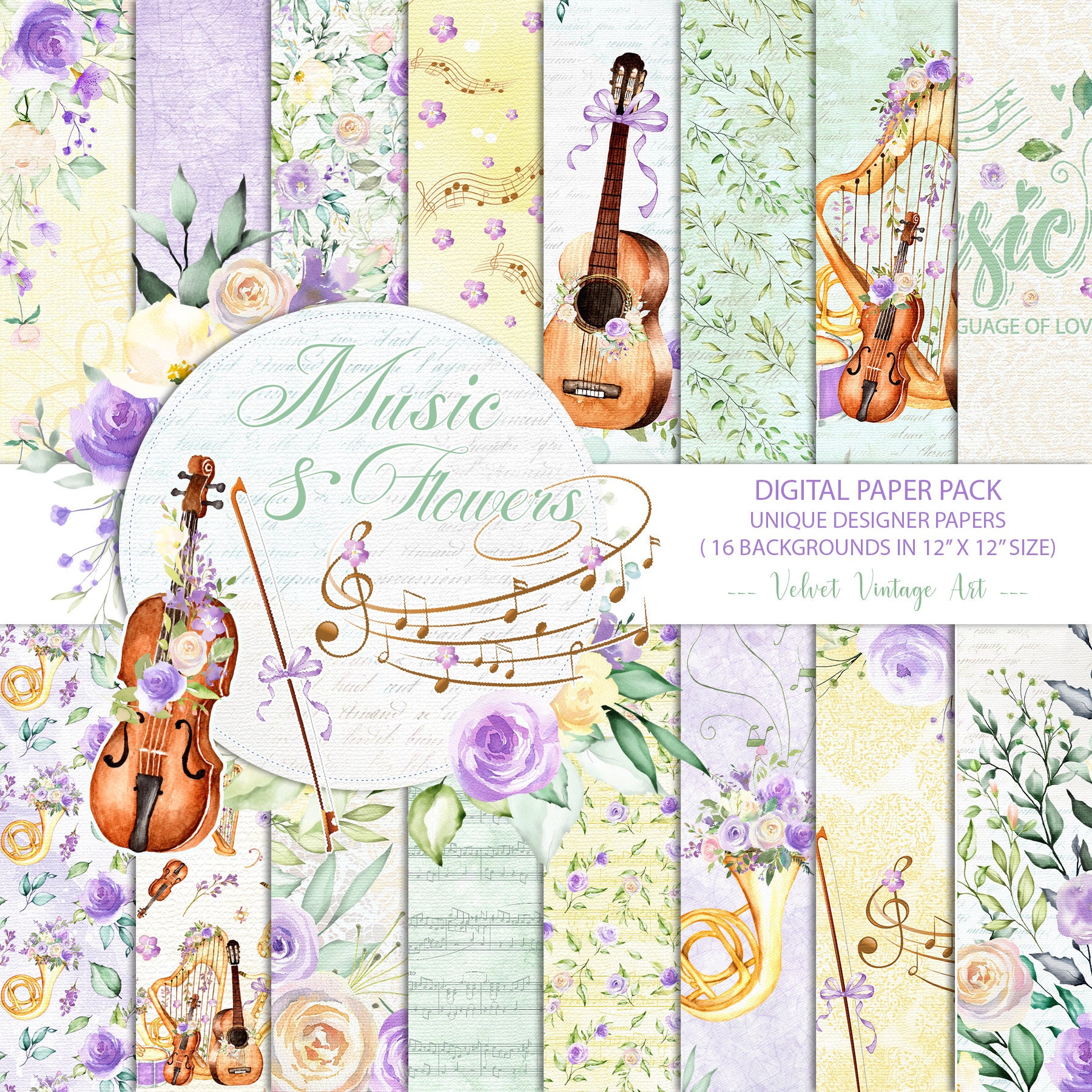 Music Digital Paper Floral Digital Papers Music Patterns - Etsy