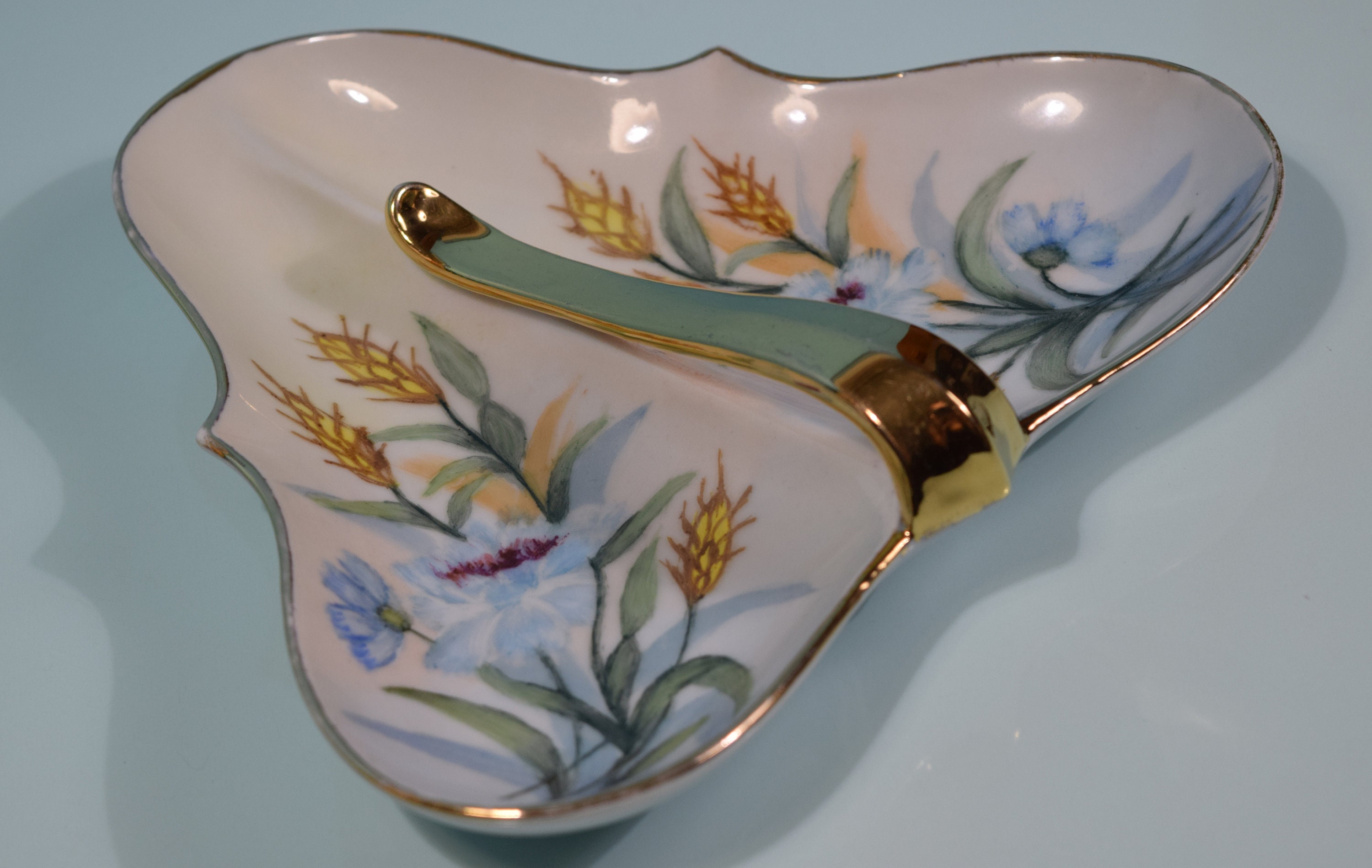 Hand Painted Rare Triangle Serving Dish With Gold Handle Floral Theme ...