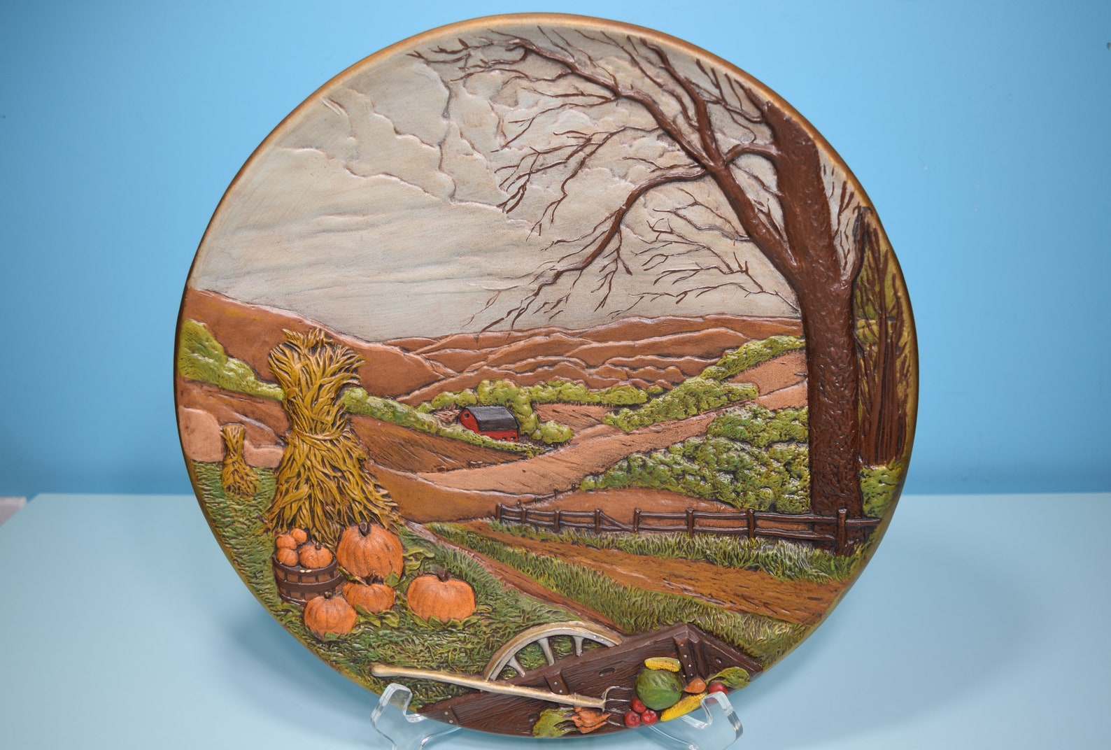 Large Ceramic Wall Hanging Art Decor Farm Scene Hand Painted Signed ...