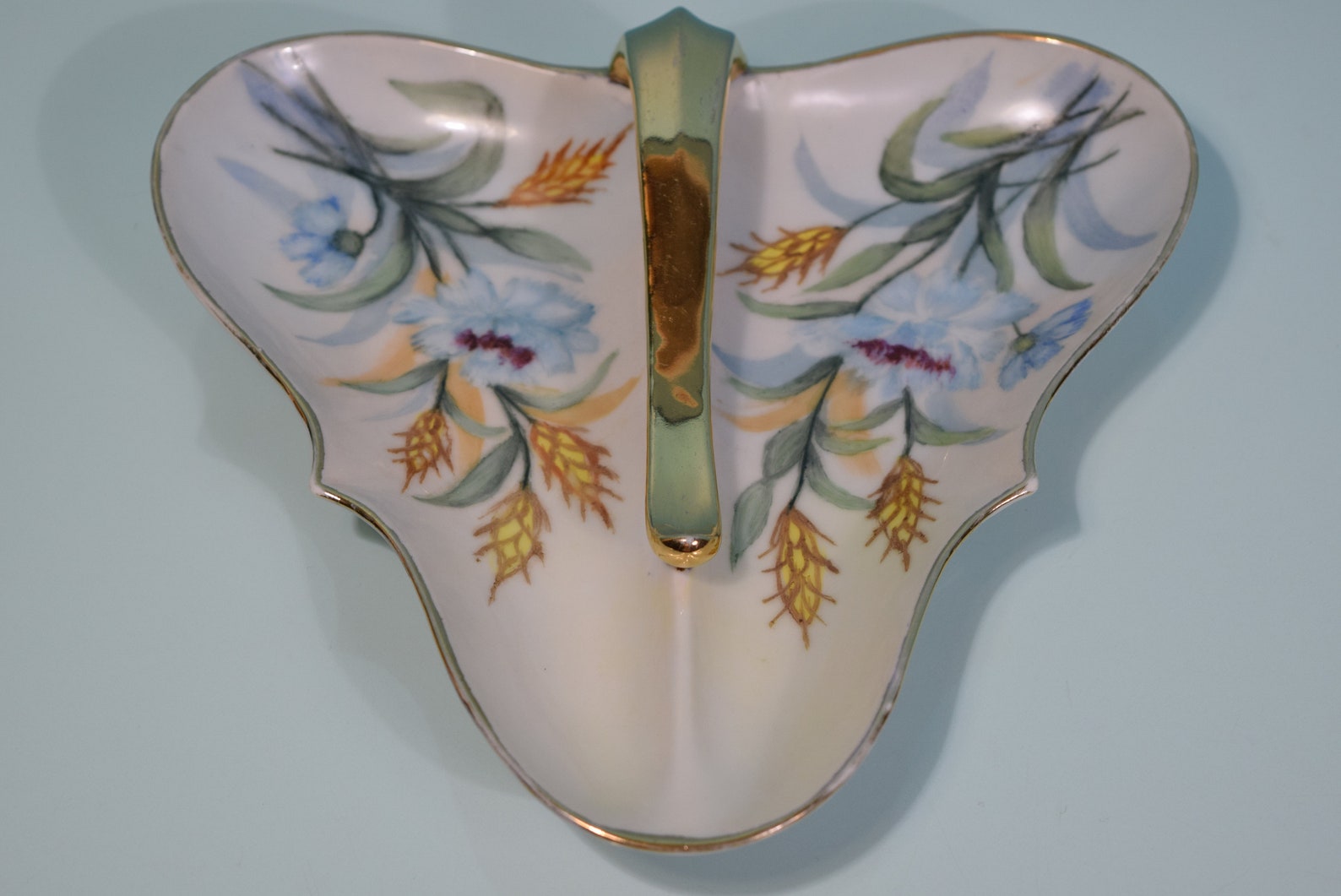 Hand Painted Rare Triangle Serving Dish With Gold Handle Floral Theme ...