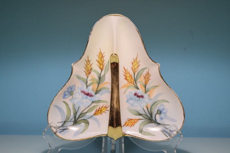 Hand Painted Rare Triangle Serving Dish With Gold Handle Floral Theme ...