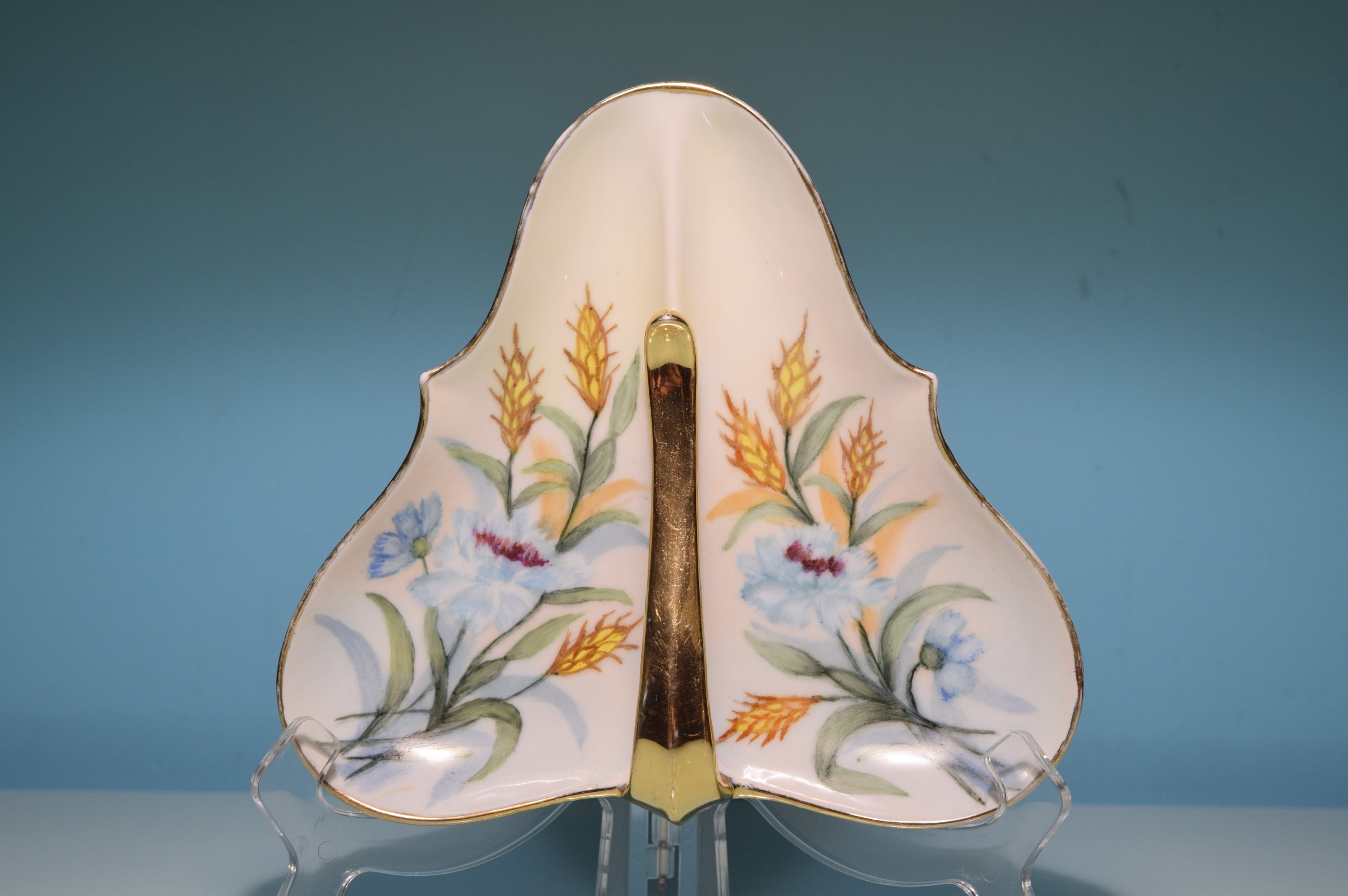 Hand Painted Rare Triangle Serving Dish With Gold Handle Floral Theme ...