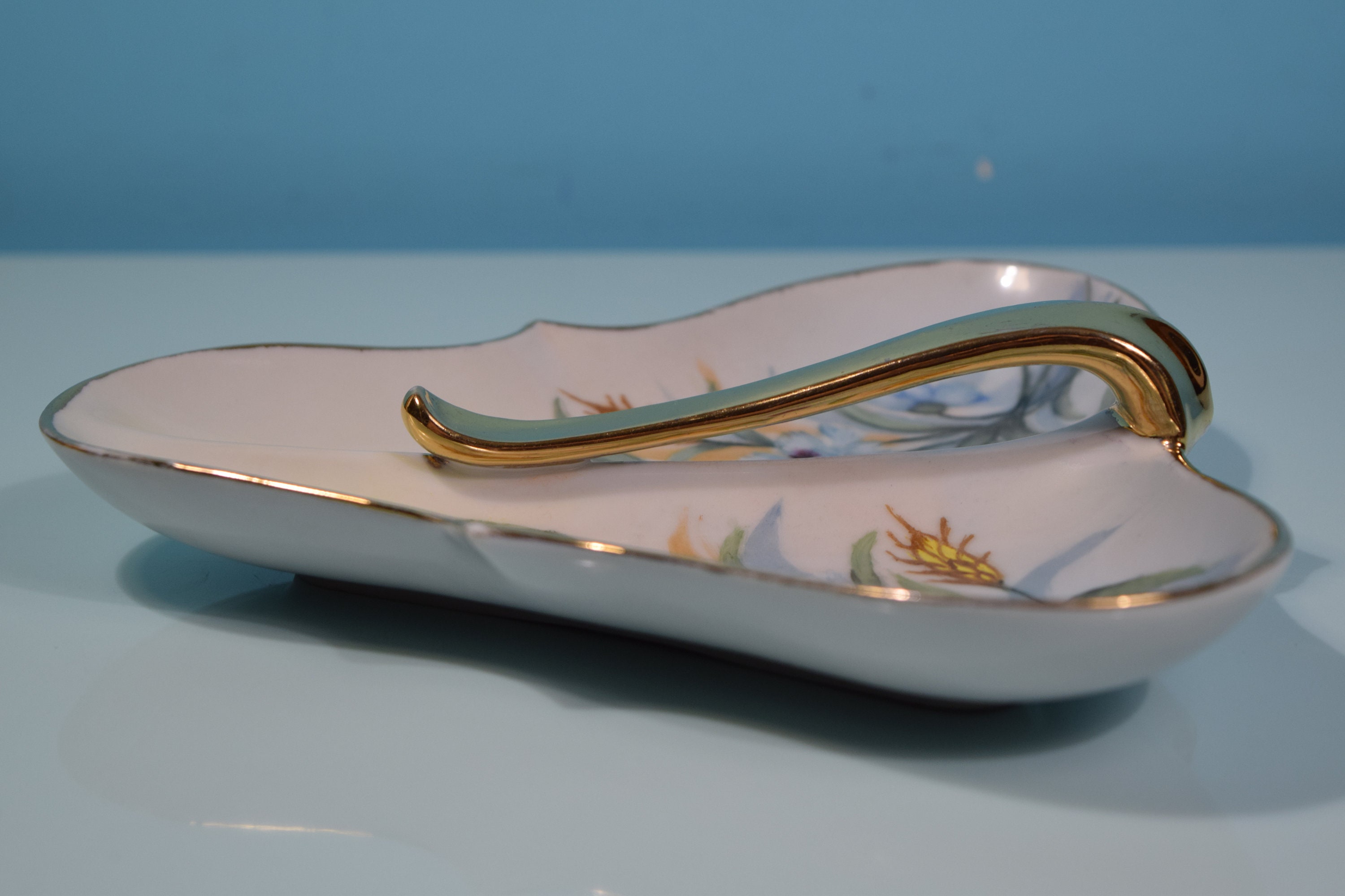 Hand Painted Rare Triangle Serving Dish With Gold Handle Floral Theme ...
