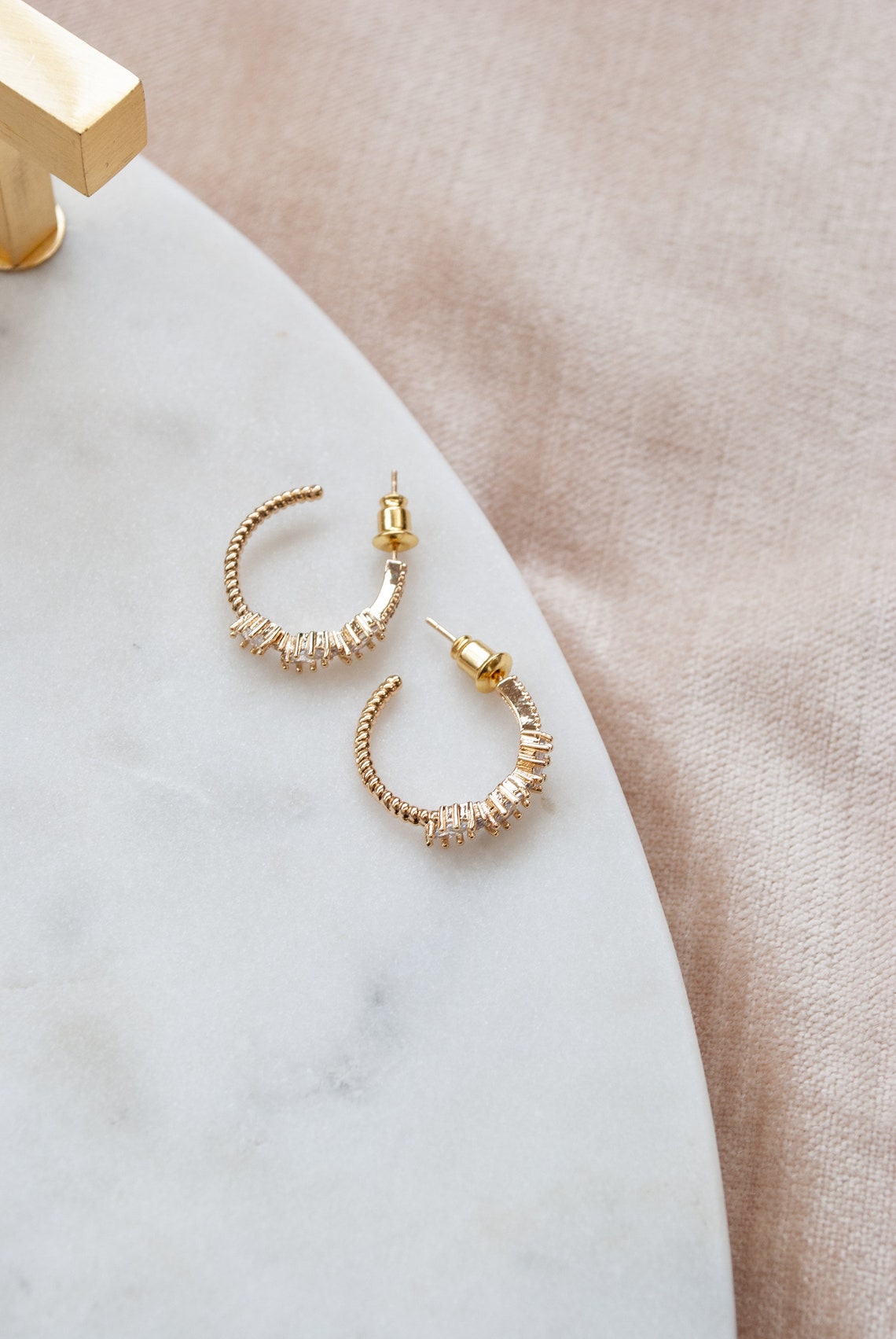 Gold Stone Hoops Medium Gold Hoops Diamond Hoop Earrings | Etsy