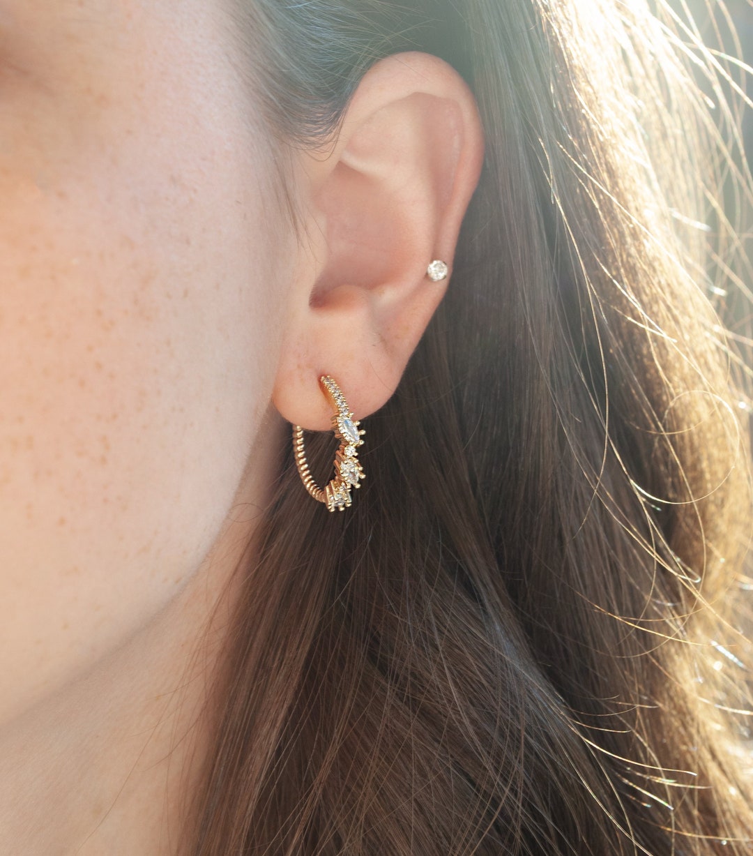 Gold Stone Hoops - Medium Gold Hoops - Diamond Hoop Earrings - Gold ...