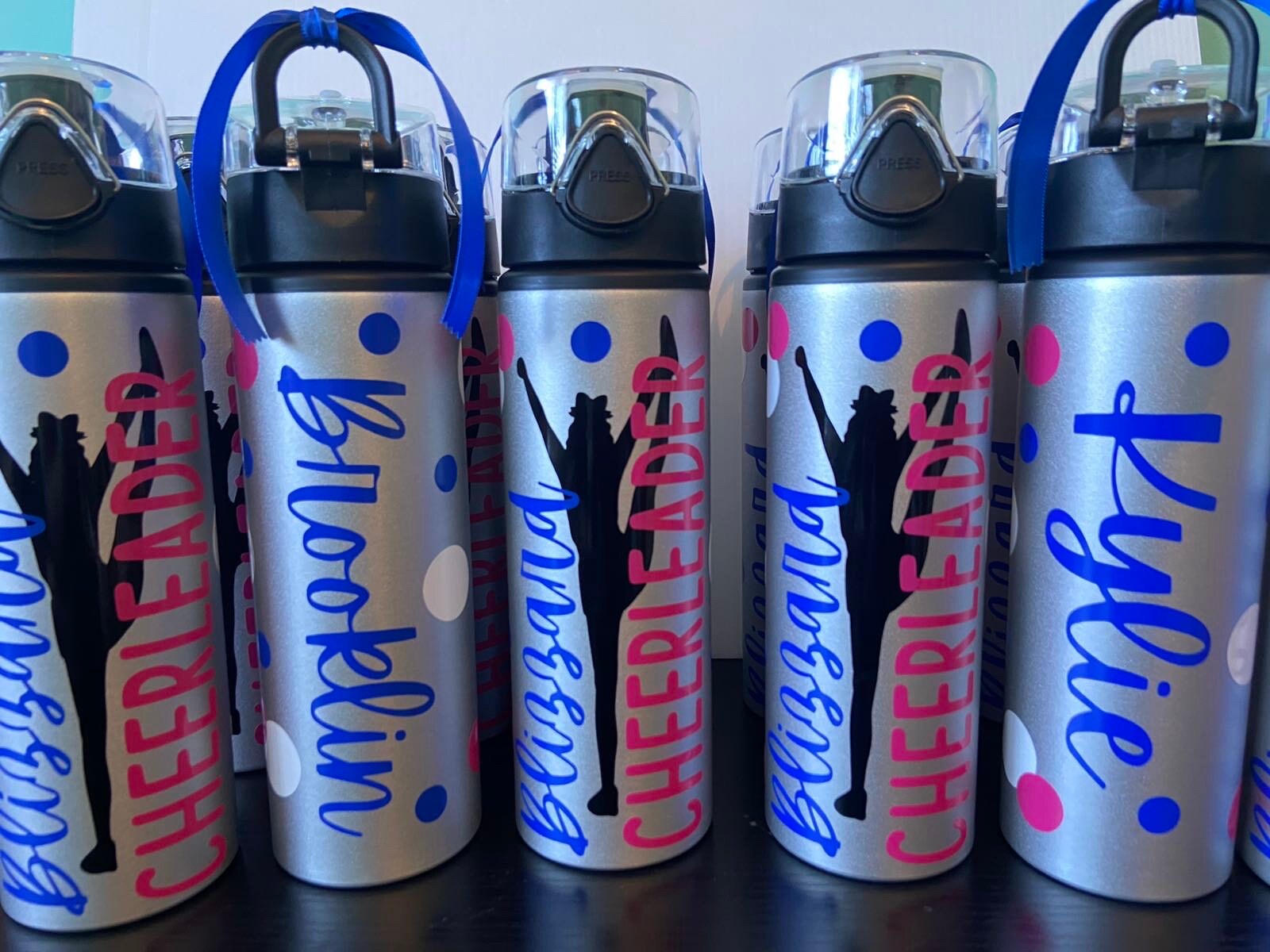 BLUE I Love Cheerleading Water Bottle with carrying strap Cheering ...