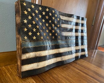 Thin Blue Line Wood Flag, Thin Blue Line Flag, US Flag, Police Flag ...