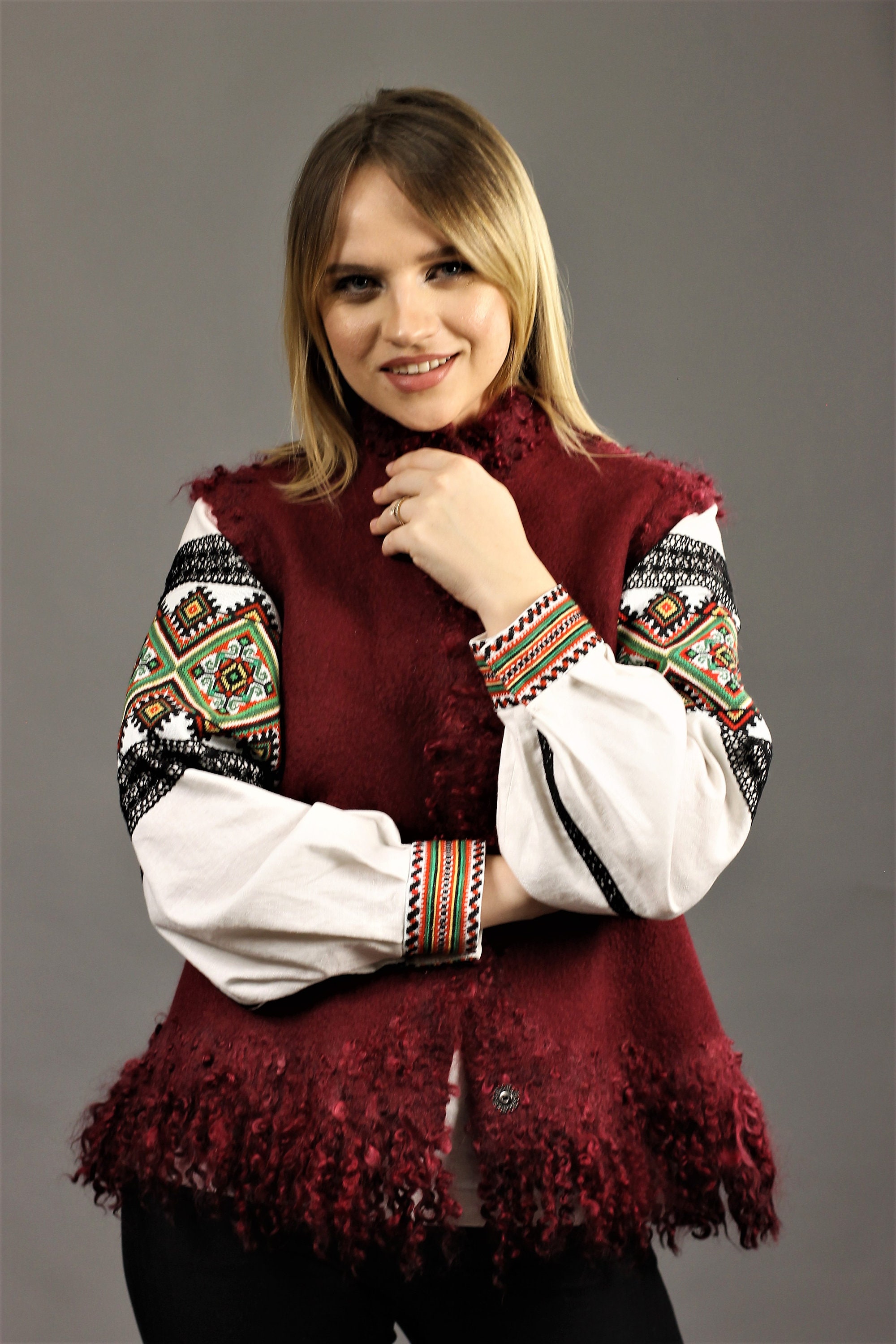 Ukrainian Women Burgundy Etno Vest, Marsala, Felted Vest, Wine Color ...