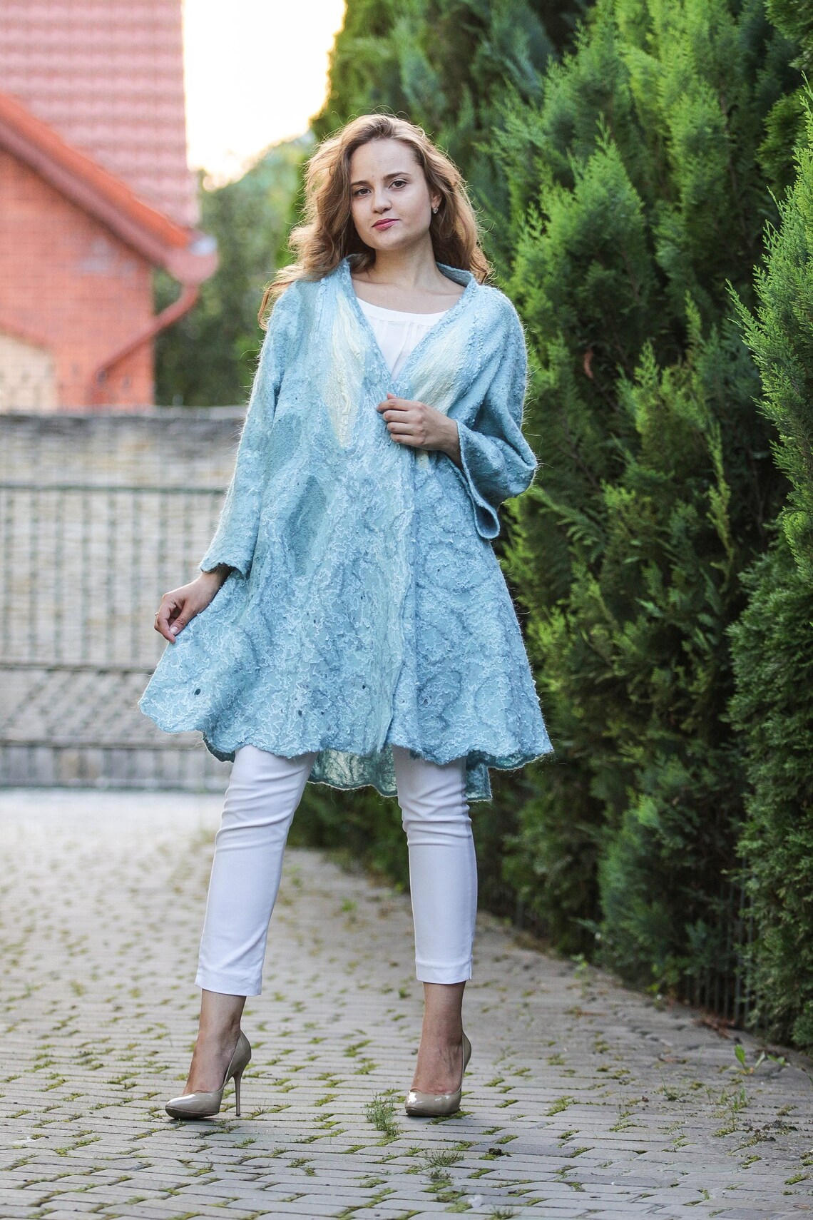 Turquoise Felted Cardigan, Overseas, Light Spring Coat, Wool Coat With ...