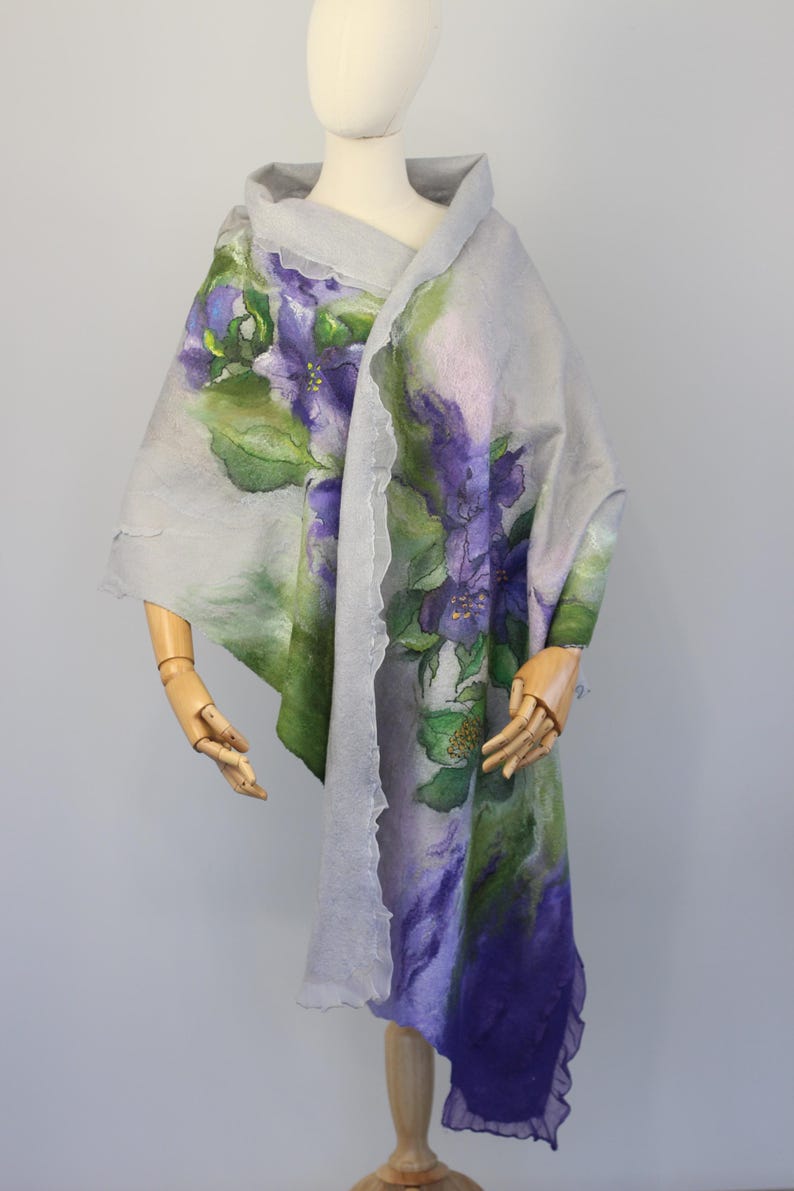 Nuno Felted Floral Shawl, Purple With Grey Silk and Wool Large Scarf - Etsy