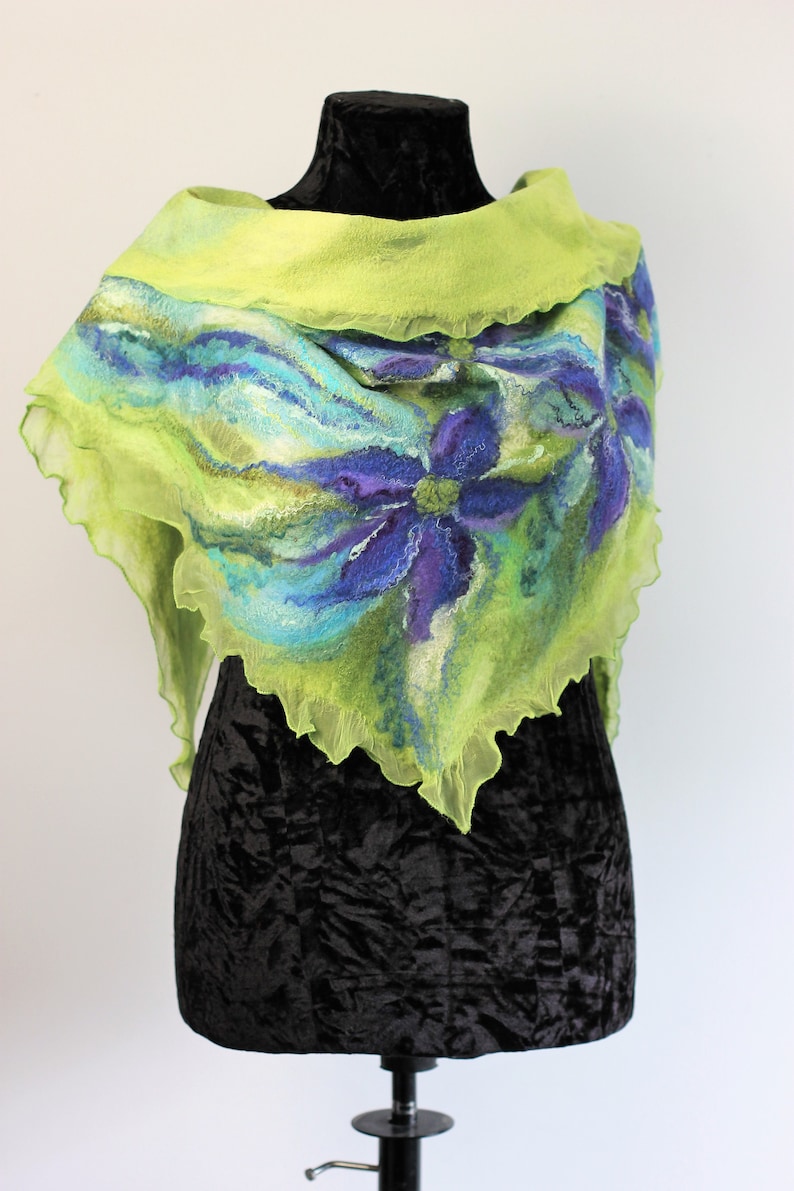 Nuno Floral Felt Shawl, Bright Shawl, Gift for Her, Bright Light Green ...