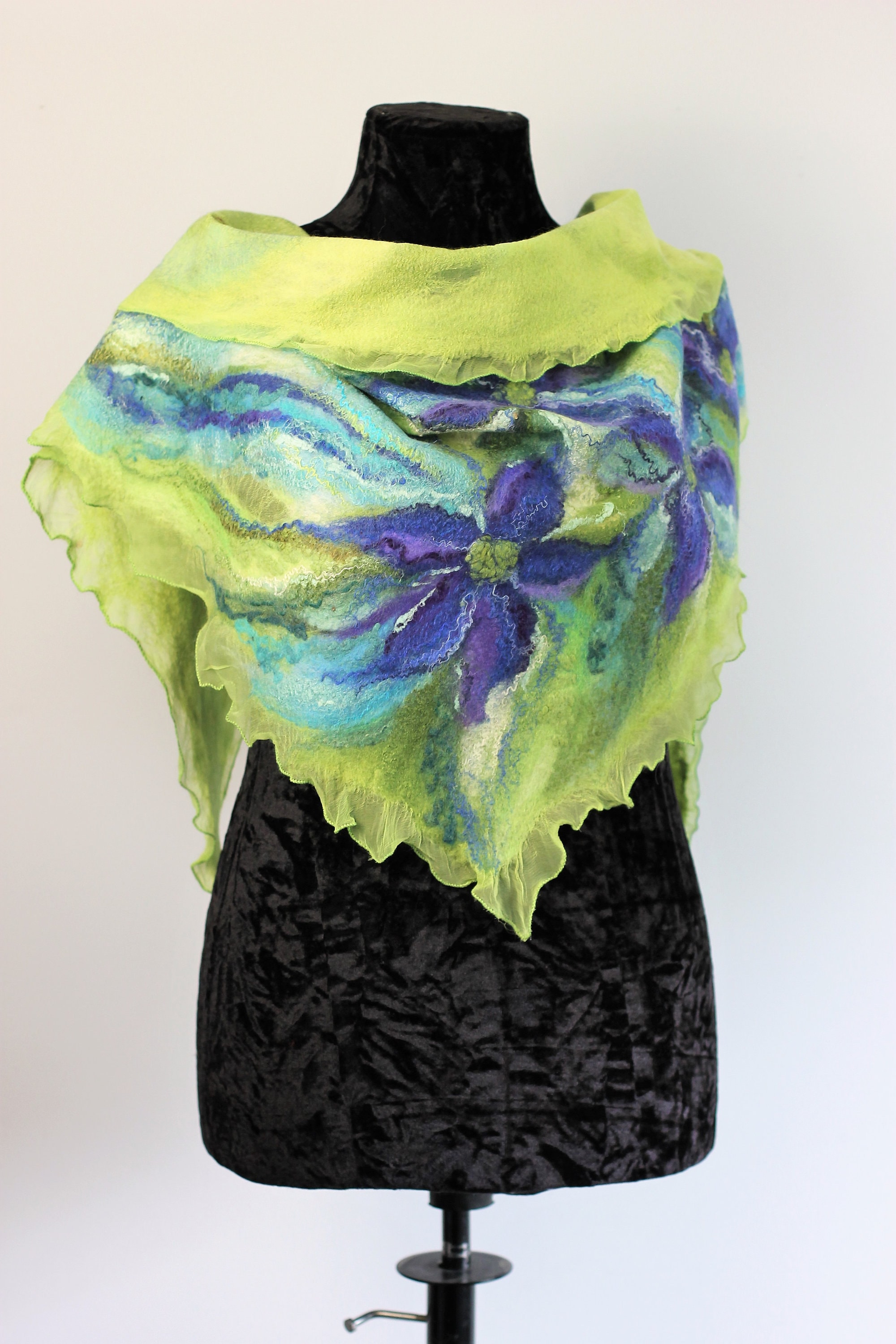 Nuno Floral Felt Shawl, Bright Shawl, Gift for Her, Bright Light Green ...