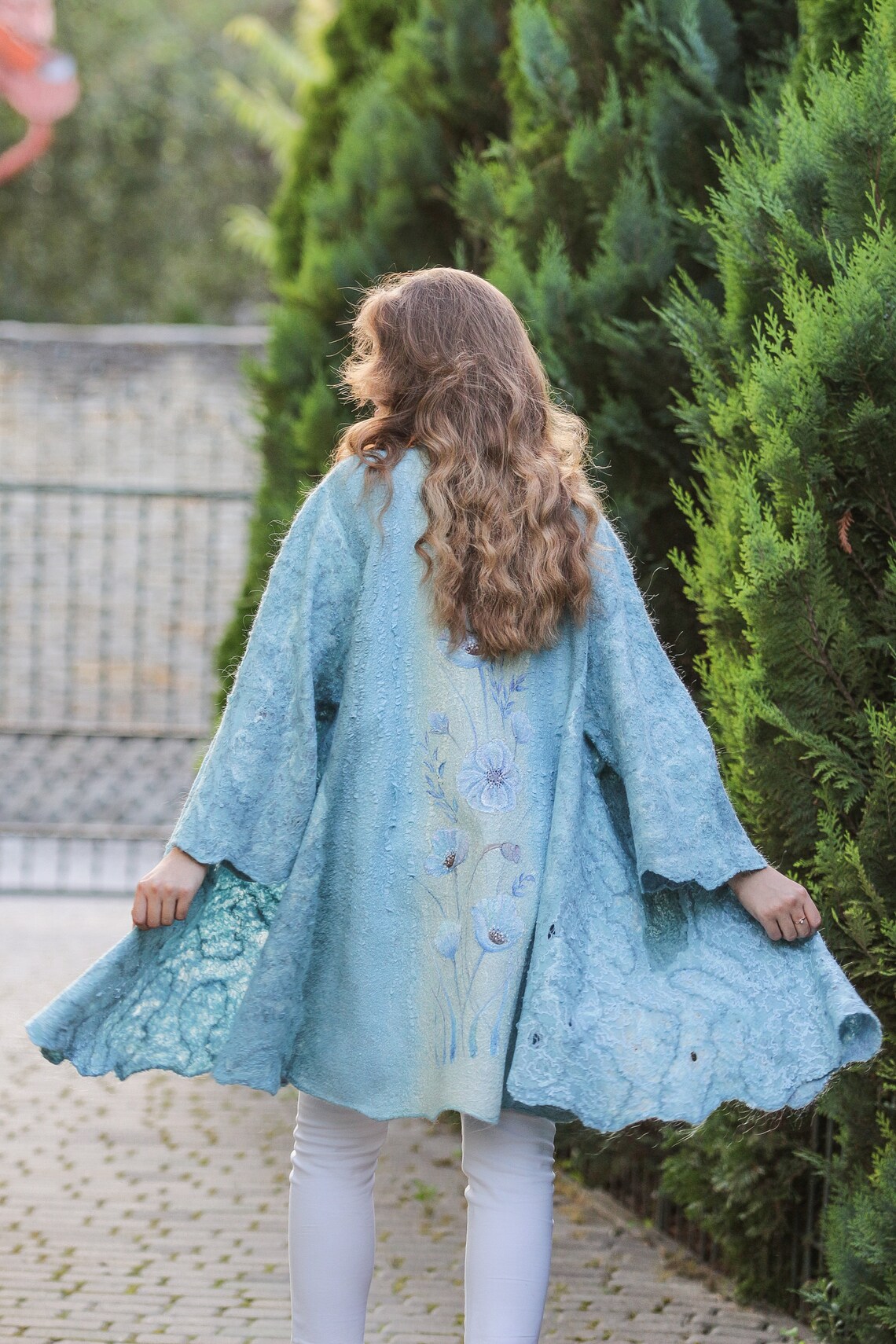 Turquoise Felted Cardigan, Overseas, Light Spring Coat, Wool Coat With ...