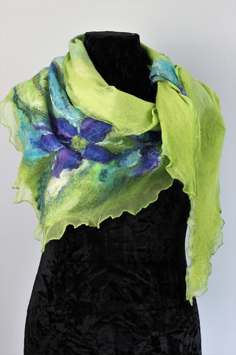 Nuno Floral Felt Shawl, Bright Shawl, Gift for Her, Bright Light Green ...