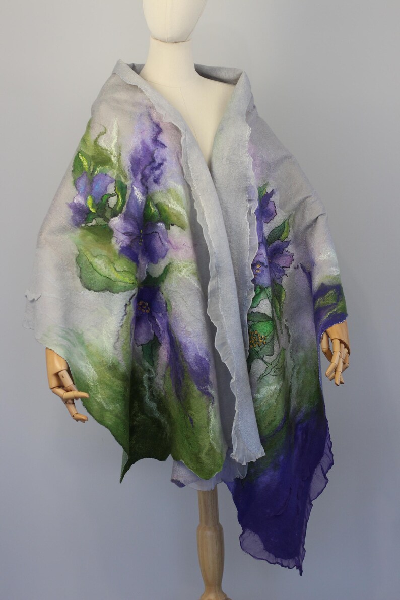 Nuno Felted Floral Shawl, Purple With Grey Silk and Wool Large Scarf - Etsy