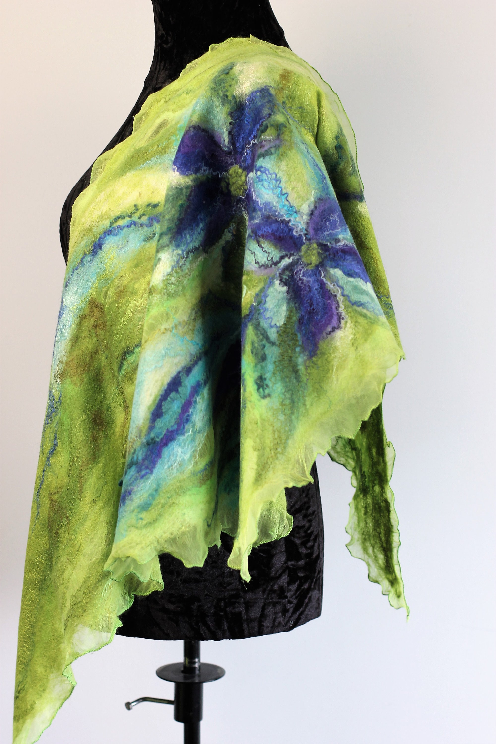 Nuno Floral Felt Shawl, Bright Shawl, Gift for Her, Bright Light Green ...