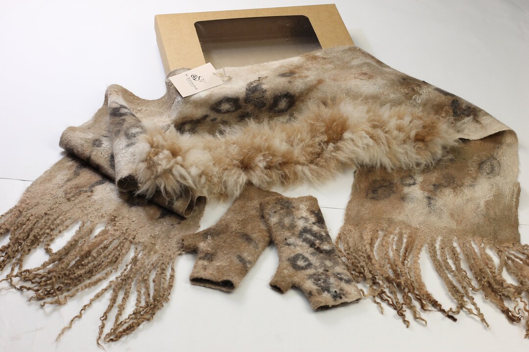 Felted Alpaca Fringe Scarf and Fingerless Gloves, Animal Print - Etsy ...