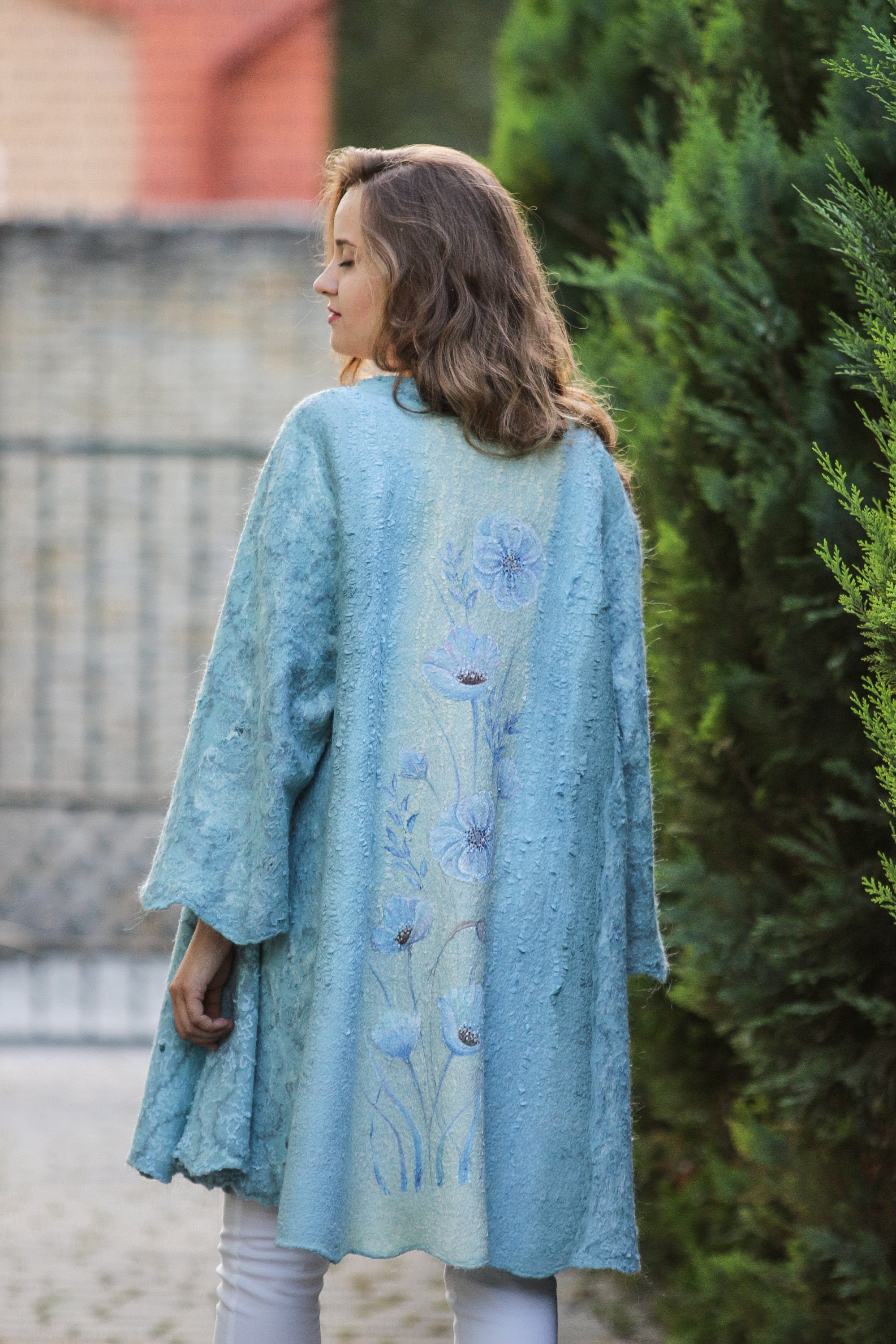 Turquoise Felted Cardigan, Overseas, Light Spring Coat, Wool Coat With ...