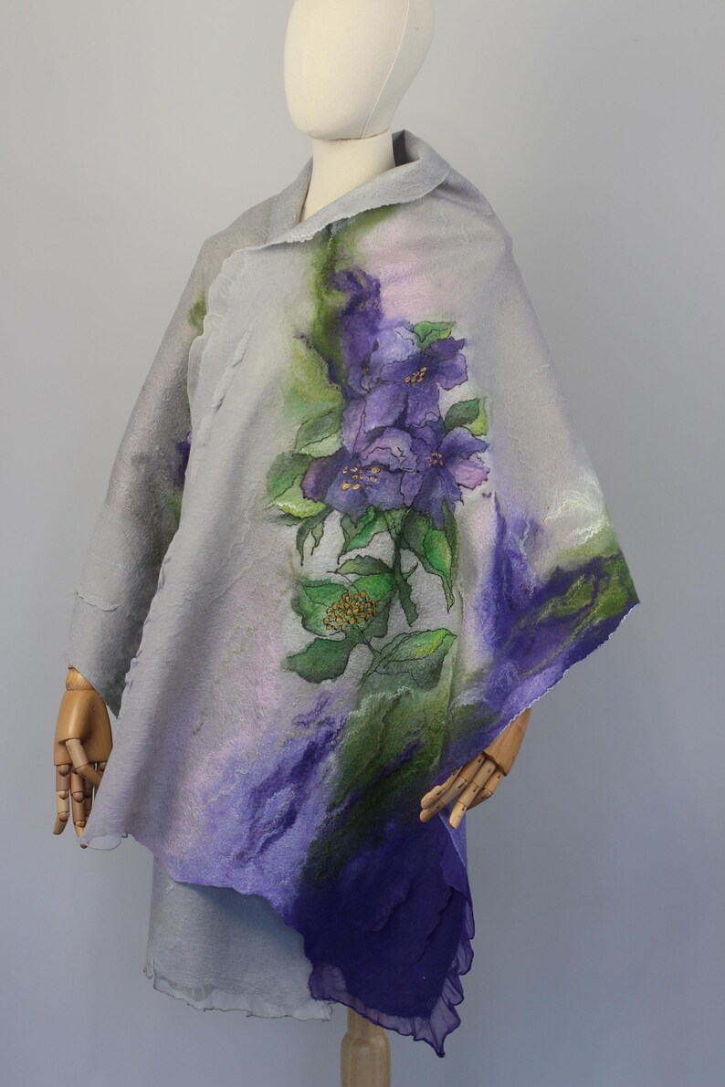 Nuno Felted Floral Shawl, Purple With Grey Silk and Wool Large Scarf - Etsy