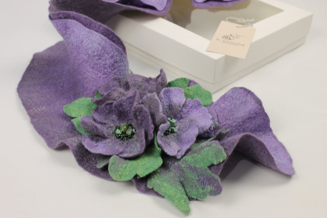 Handmade Felted Boa Scarf, Purple Flower Brooch, Wool Neck Wrap - Etsy