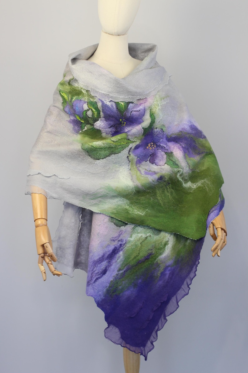 Nuno Felted Floral Shawl, Purple With Grey Silk and Wool Large Scarf - Etsy
