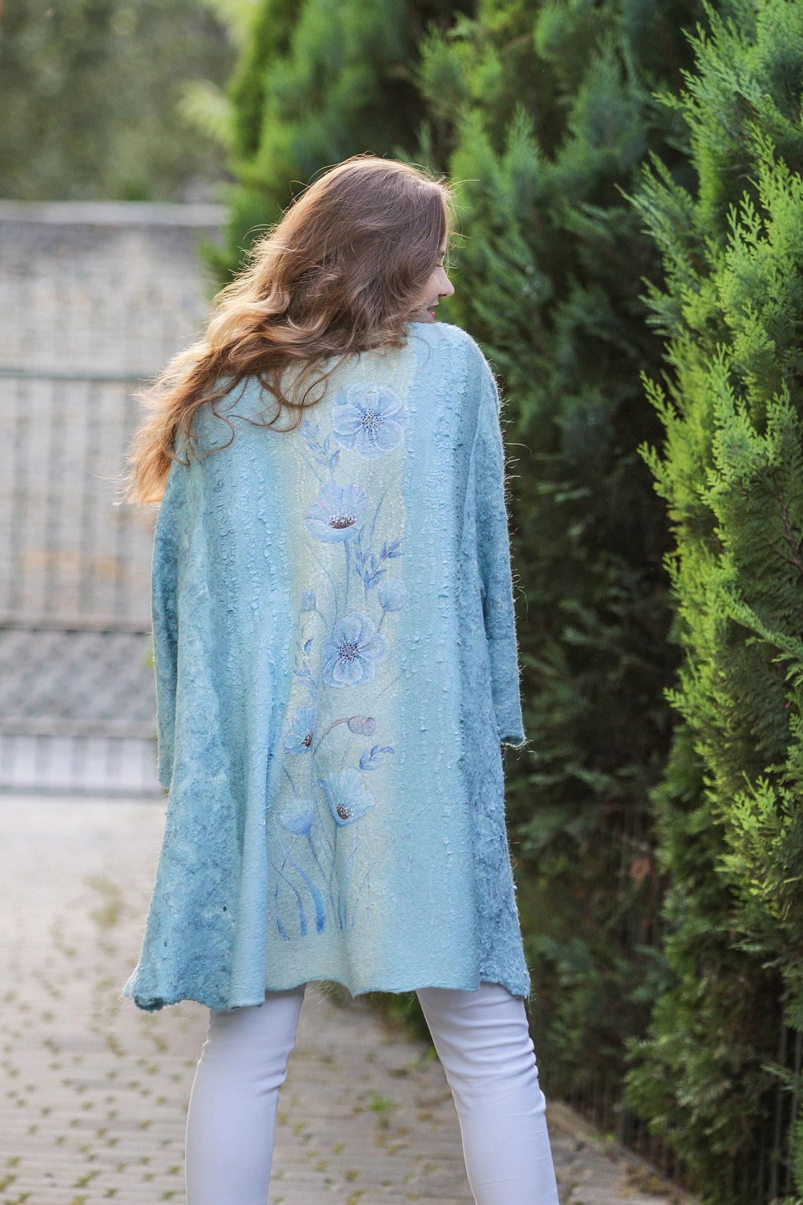 Turquoise Felted Cardigan, Overseas, Light Spring Coat, Wool Coat With ...