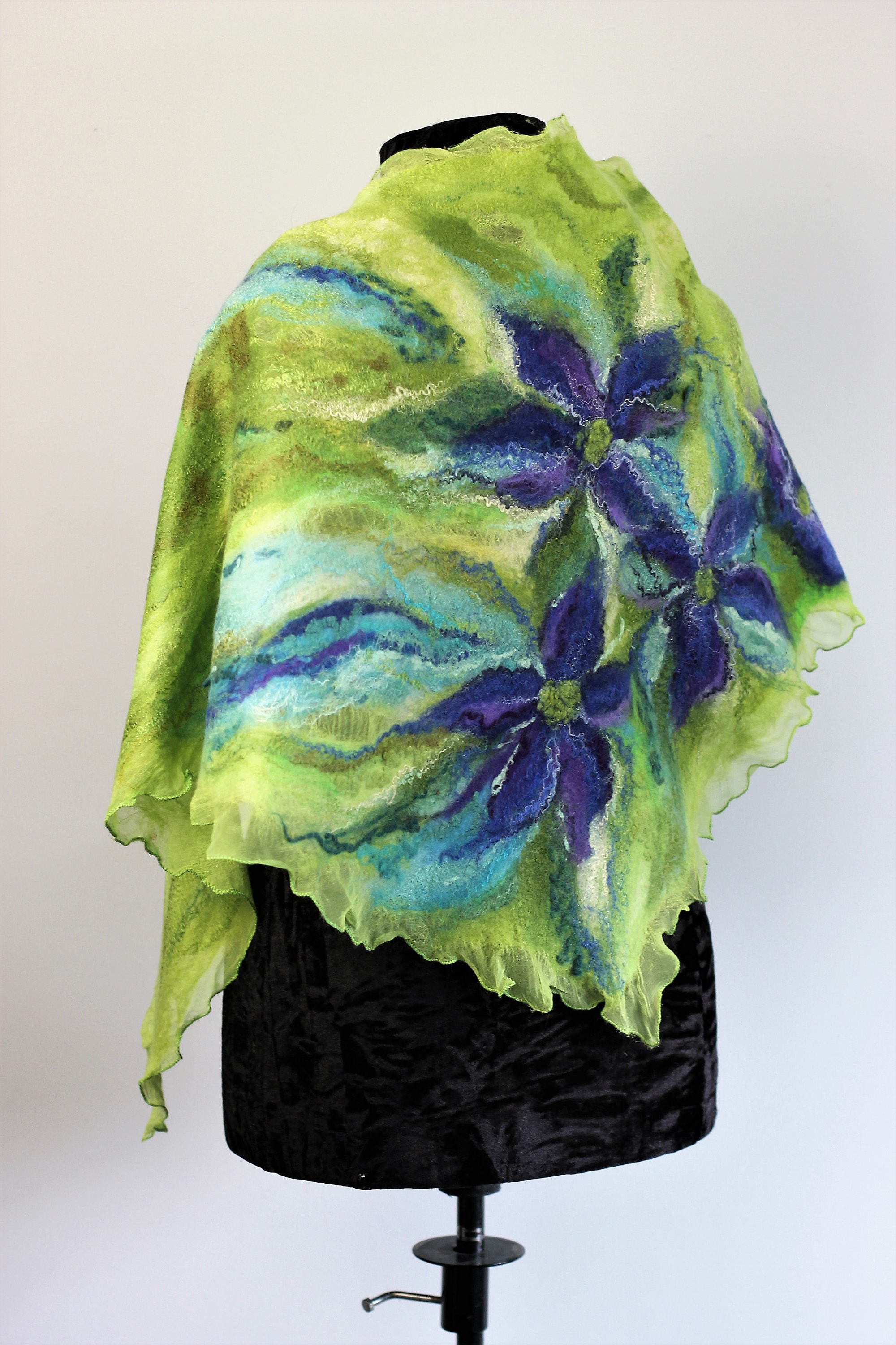 Nuno Floral Felt Shawl, Bright Shawl, Gift for Her, Bright Light Green ...