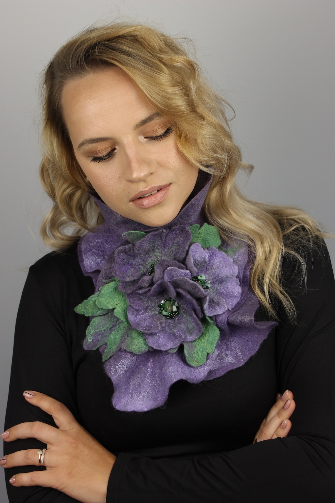Handmade Felted Boa Scarf, Purple Flower Brooch, Wool Neck Wrap - Etsy