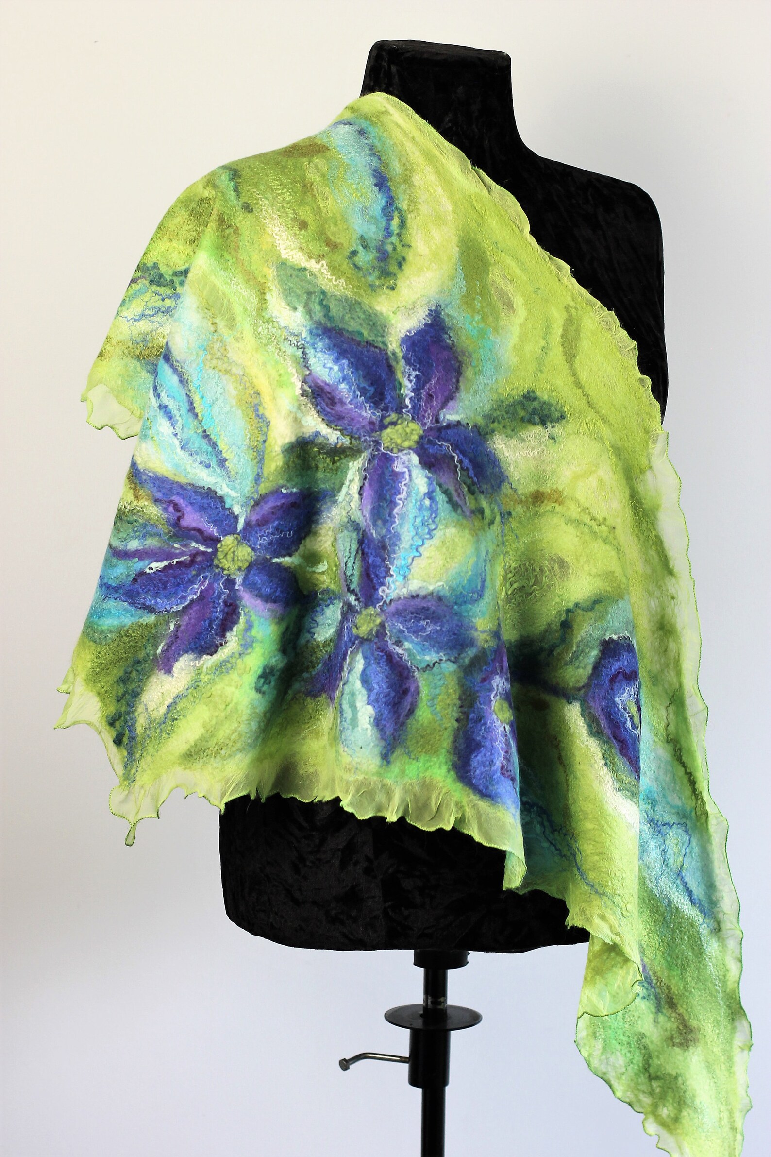 Nuno Floral Felt Shawl, Bright Shawl, Gift for Her, Bright Light Green ...