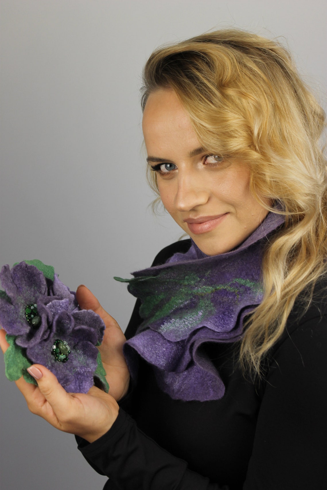 Handmade Felted Boa Scarf, Purple Flower Brooch, Wool Neck Wrap - Etsy