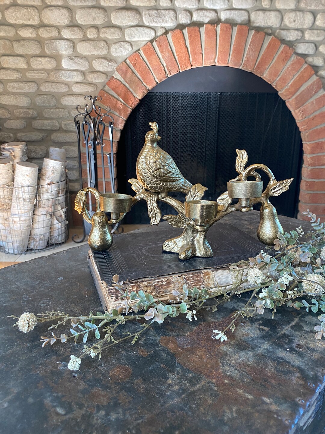 Vintage Brass Colored Partridge in a Pear Tree Tee Light Candle Holder ...