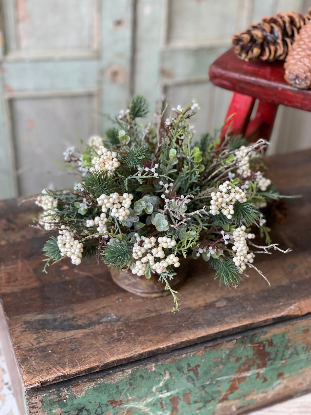 Winter Briar Berry Fir Cream Half Sphere - Holiday Floral Faux Greenery ...