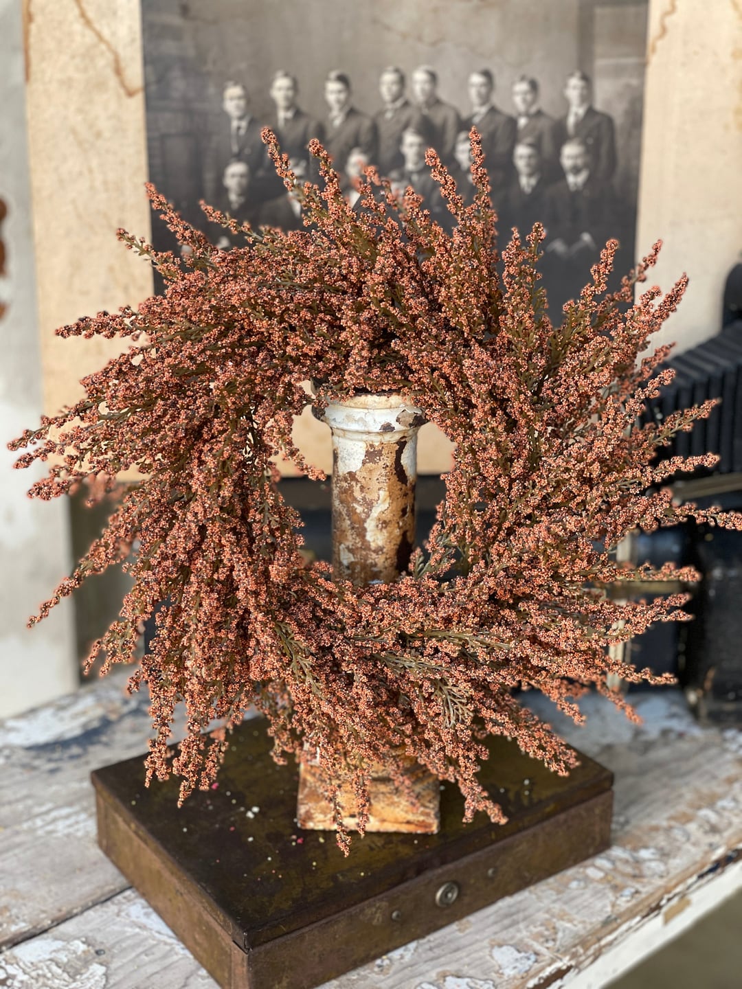 Fall Heather Candle Ring or Mini Wreath Faux Floral Greenery 13 Inch 6 ...