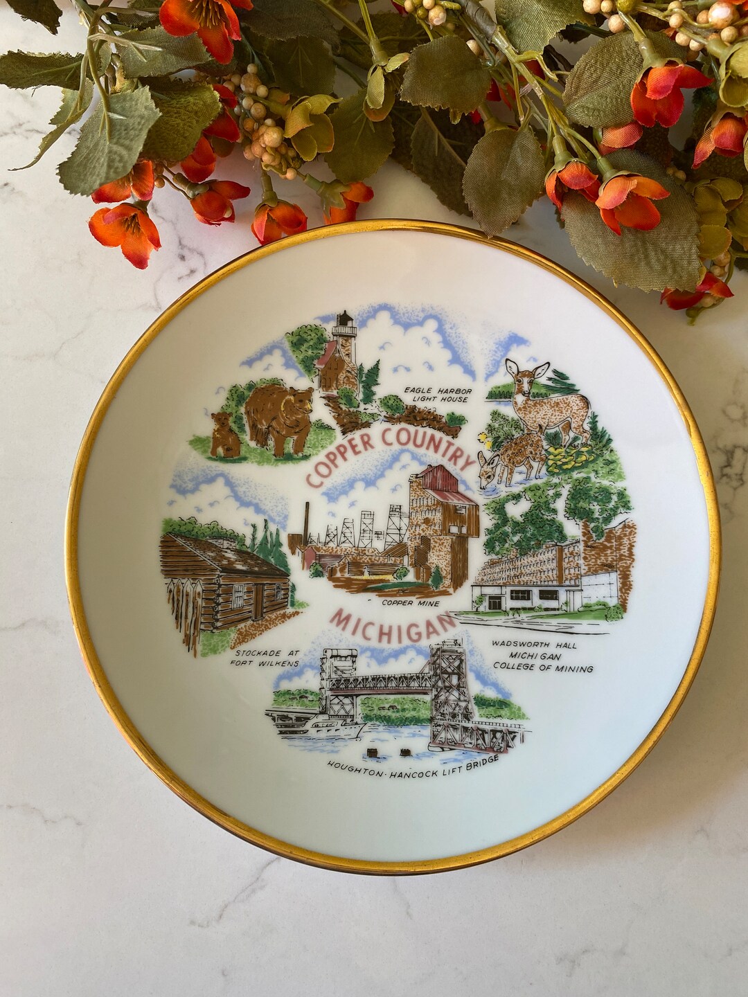 Vintage Copper Country Michigan State Plate Souvenir With Landmarks ...