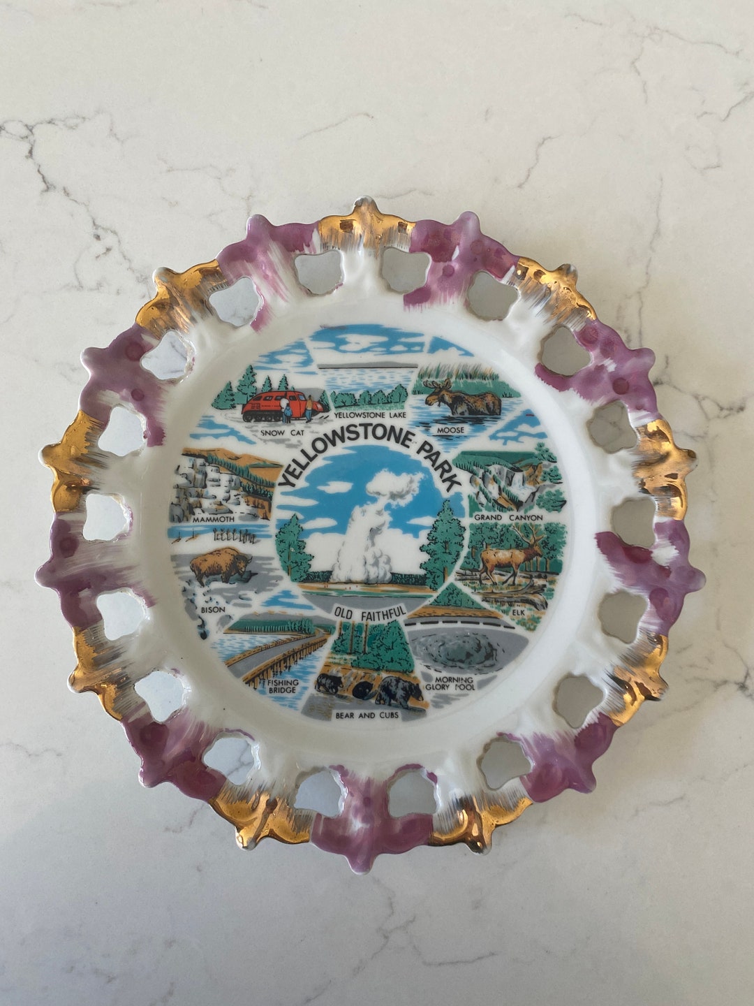 Vintage Yellowstone Park State Plate Souvenir With Landmarks Grand ...