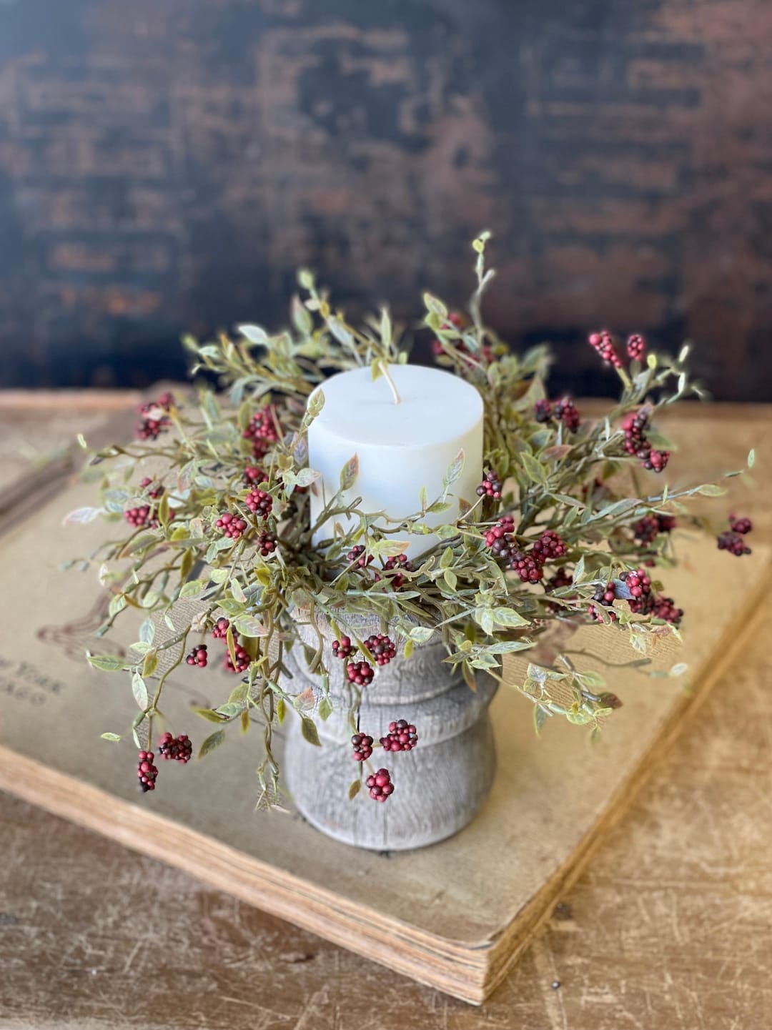 Hasp Berry Red Candle Ring 10 Inch Outer 3 Inch Inner Faux Greenery for ...