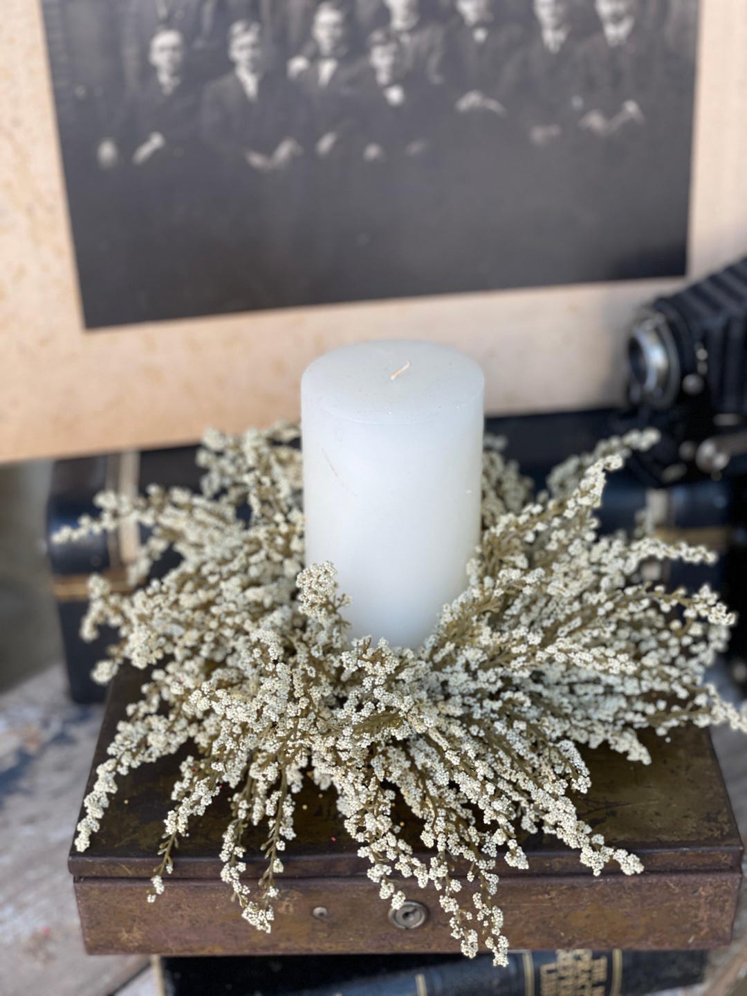 Cream Fall Heather Candle Ring or Mini Wreath Faux Floral Greenery 13 ...