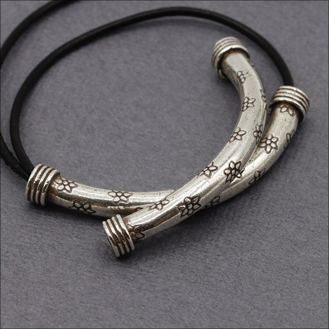 HB133 ~ Hill Tribe Silver Tube Bead, Flower Stamped Tube Bead, 48mm X ...