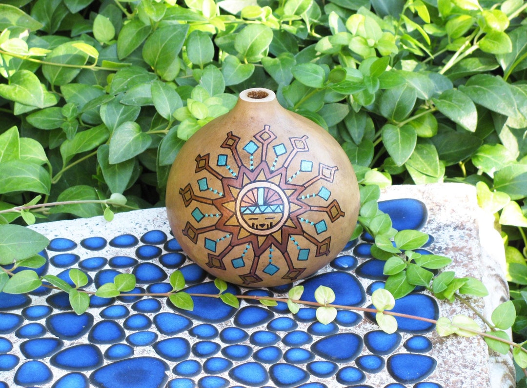 Southwestern Hand Painted Natural Gourd Pot Desert Sun Rain Cloud ...