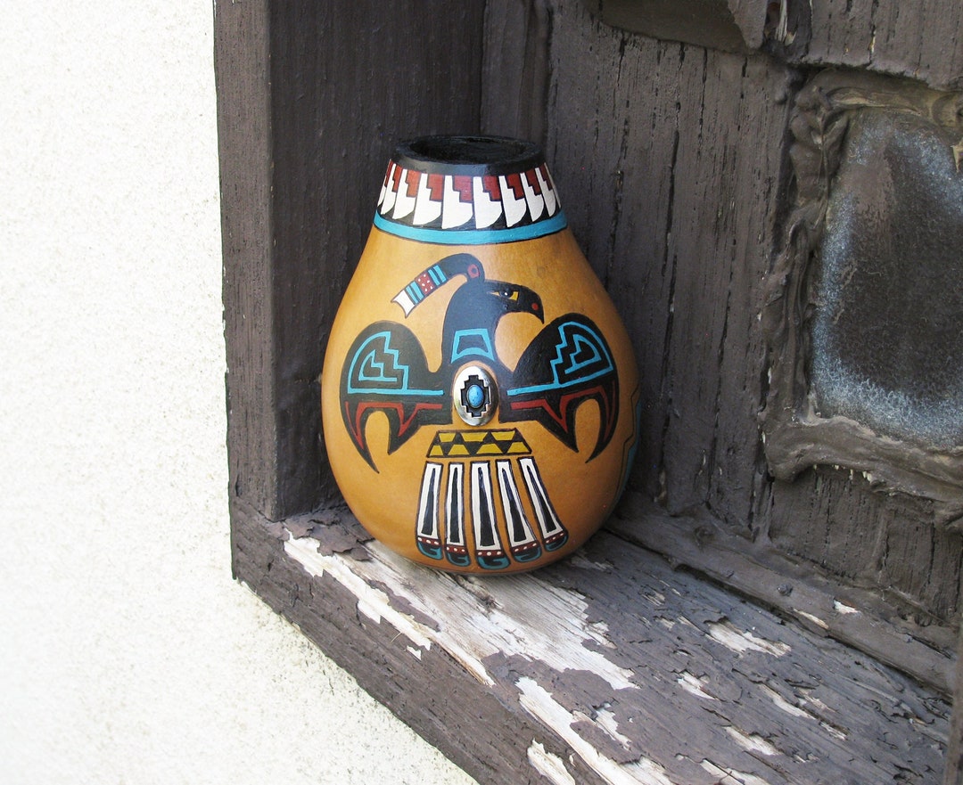 Southwestern Hand Painted Gourd Pot New Mexico Desert Thunderbird Eagle ...