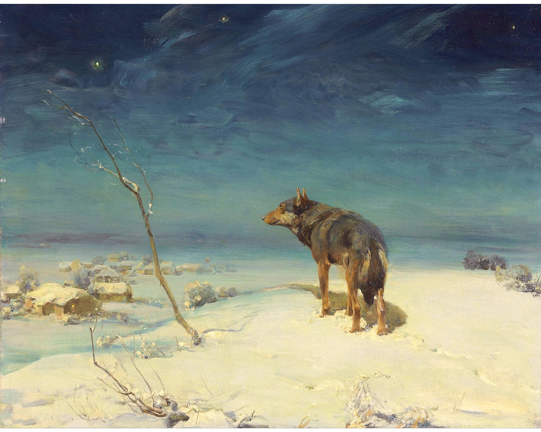 Vintage Wildlife Art Print Lone Wolf Winter Painting Animal Wall Art ...