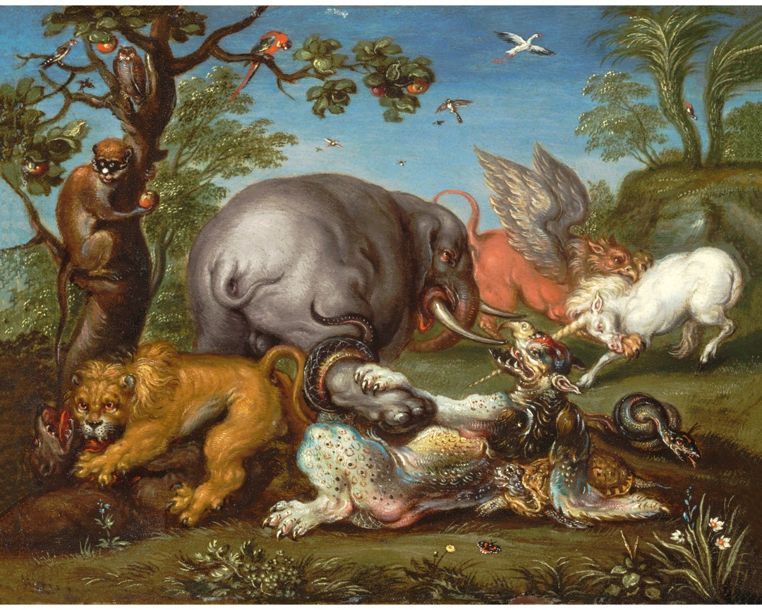 Battle of a Dragon and Elephant 17th C. Mythical Beasts Art Print ...