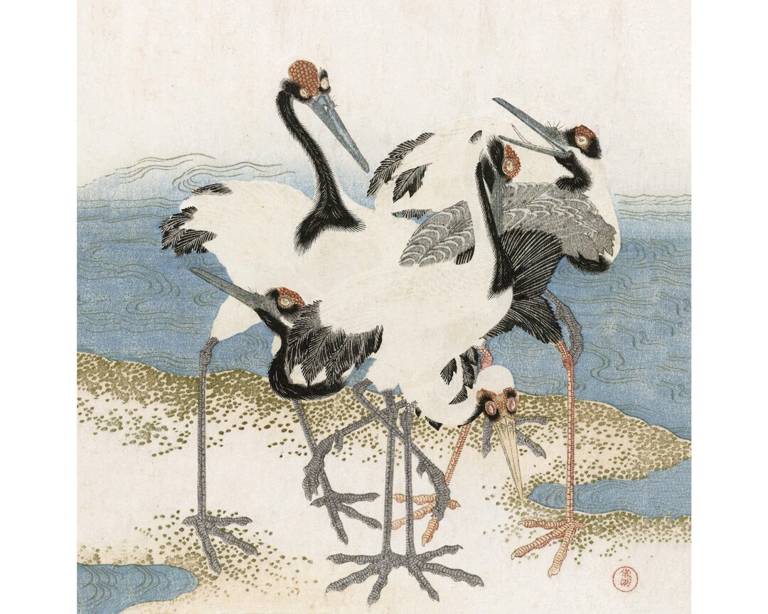 Five Cranes | Cranes on a Spit of Sand | Vintage Animal Wall Art ...