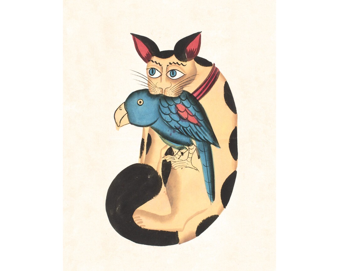 Kalighat Painting: Vintage Cat With Parrot Fine Art Print - Etsy