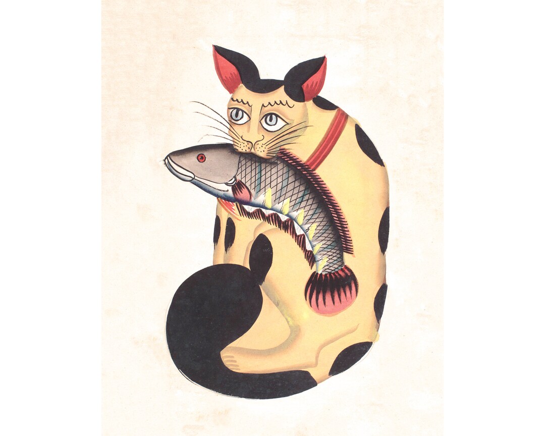 Cat With Fish Fine Art | Kalighat Painting | Vintage Yellow Cat ...