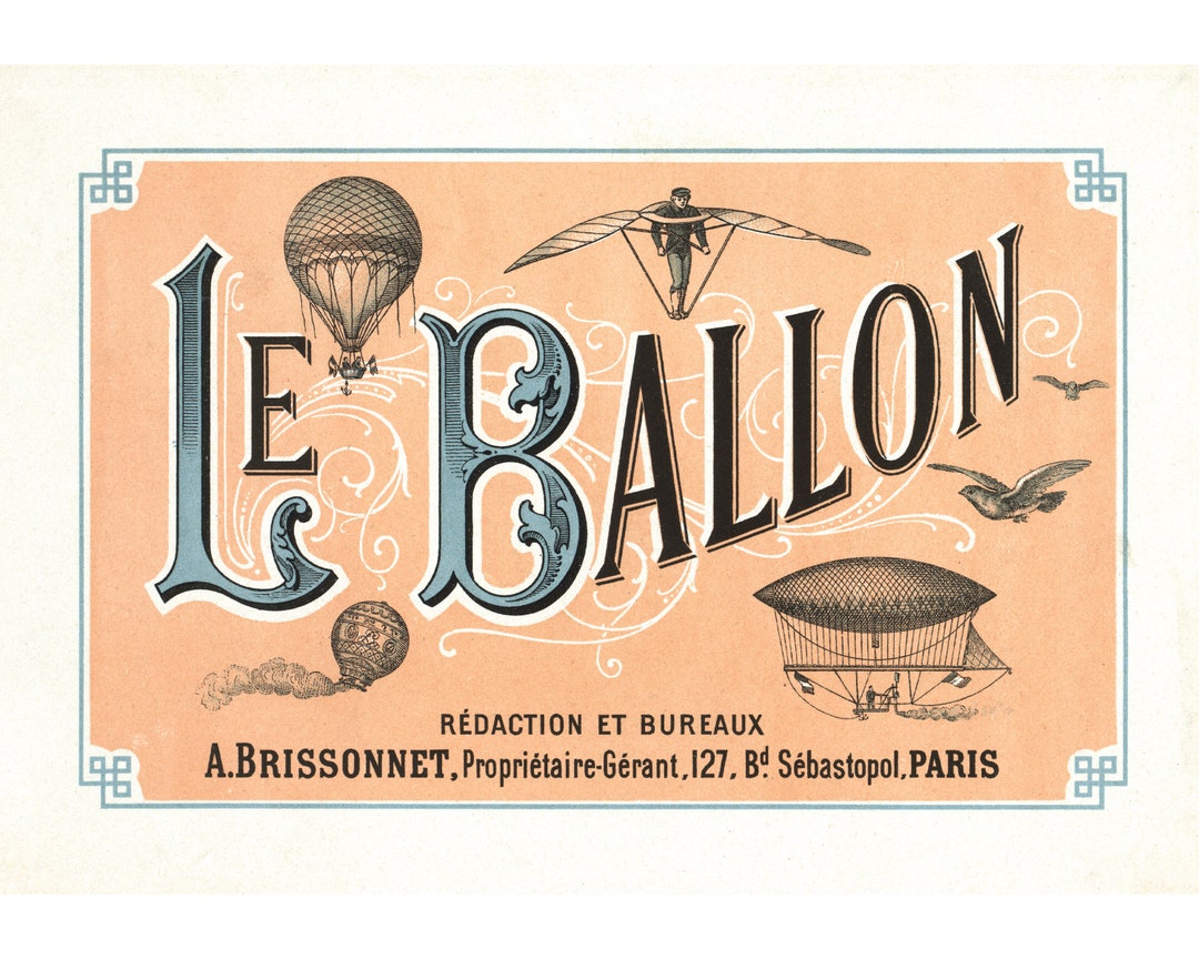 Vintage French Hot Air Balloon Art | Flying Man Print | Le Ballon ...