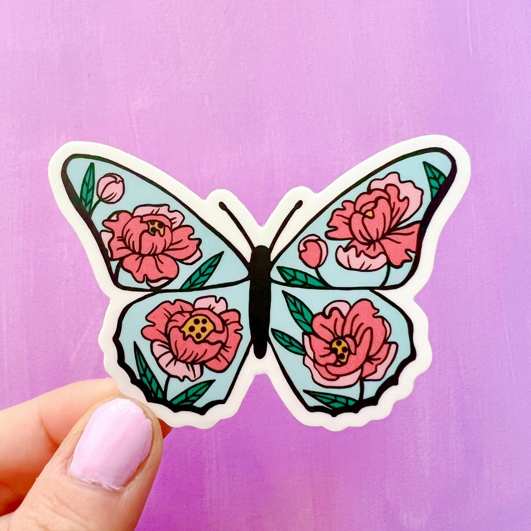 Flower Butterfly Sticker / Peony Flower Sticker / Illustrated Butterfly ...