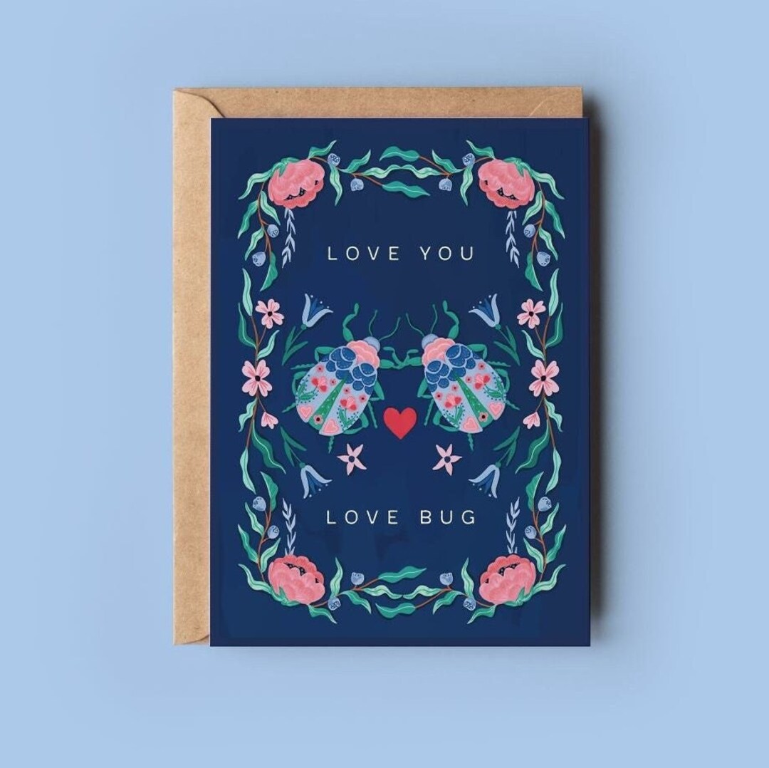 Love Bug Greeting Card / Valentine's Day Card / Folk Art Beetle Flower ...