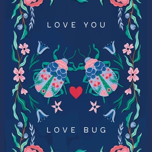 Love Bug Greeting Card / Valentine's Day Card / Folk Art Beetle Flower ...